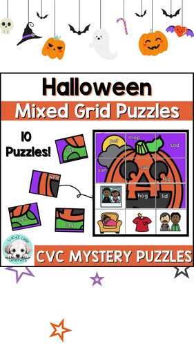 Halloween CVC Mystery Puzzles October Phonics Center Games & Worksheets