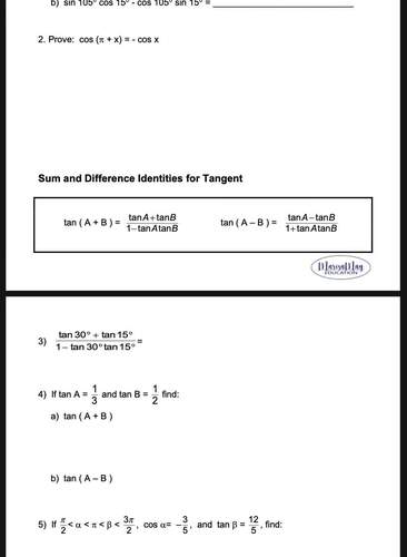 Precalculus Complete Lesson & Worksheet - Sum & Difference Identities