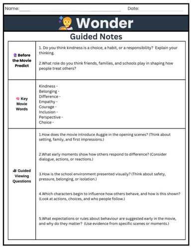 Wonder Movie and Book | Guided Movie Notes & Critical Thinking Editable