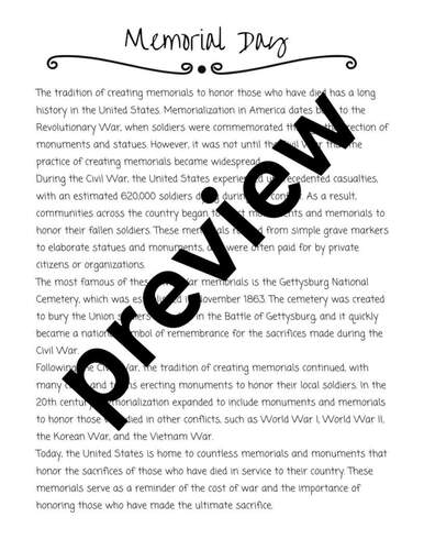 Memorial Day Reading Comprehension History Worksheet/Questions | How It ...