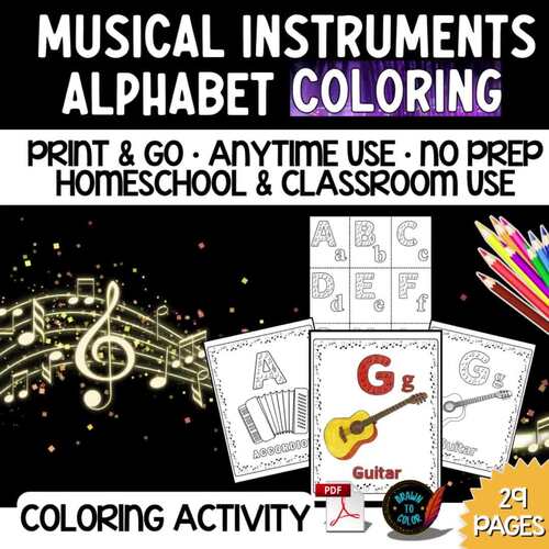Musical Instruments Alphabet Coloring Pages | Learn the Alphabet with ...