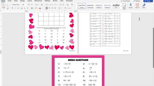 6th/7th Grade Math Review Valentine's Day Activity: (Integer Operations)