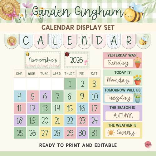 Calendar Display Set: Garden Gingham | Editable Classroom Decor by ...