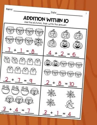 Halloween Picture Addition Within 10 Bundle | Write the Sum and Blank ...