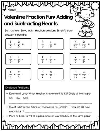4th Grade Valentine Math: 20 No-Prep Worksheets| Fractions, Area and More!