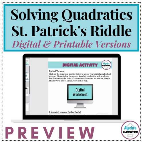Solving Quadratics St. Patrick's Day Algebra Riddle Activity | TPT