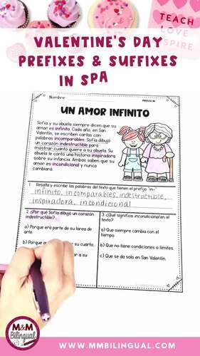 Valentines Day Prefixes Suffixes Worksheets in SPANISH - Prefijos y Sufijos