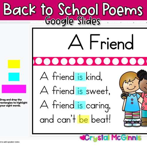 Back to School Sight Word Poems DIGITAL VERSIONS -GOOGLE SLIDES ...