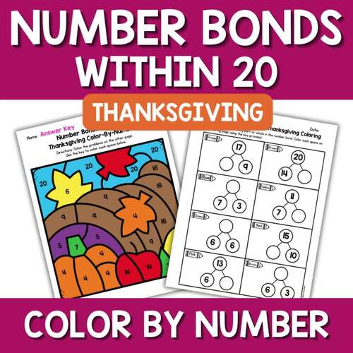 Thanksgiving Math Number Bonds to 20 Fun Color by Number No Prep Worksheet