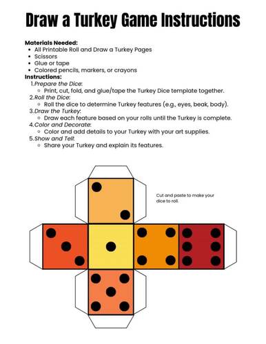 Printable Roll and Draw Turkey Game | Fall Thanksgiving Fun for Kids | PDF