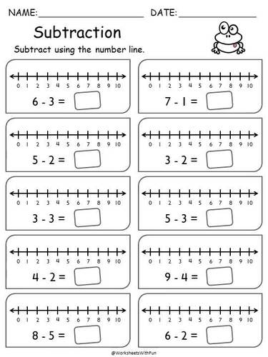 Number Line Subtraction Worksheets, Subtraction Within 10, Kindergarten ...