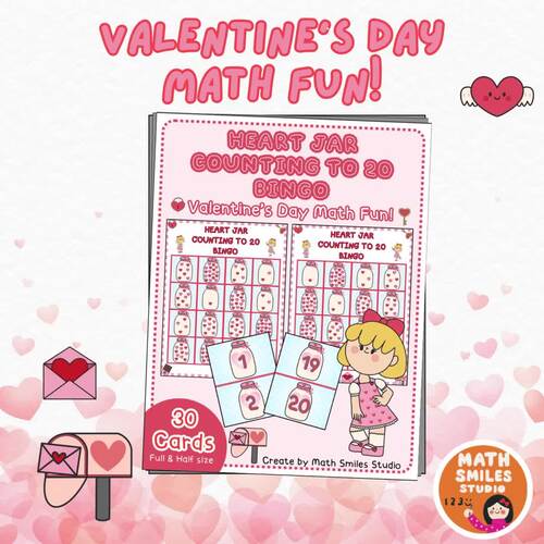 Valentine Counting to 20 Bingo | Heart Jar Math Game (4×4) for Kindergarten