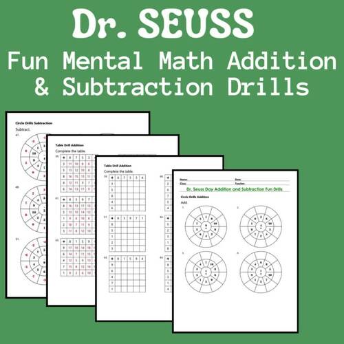Dr Seuss Day Fun Mental Math Addition and Subtraction Tables and Drills ...