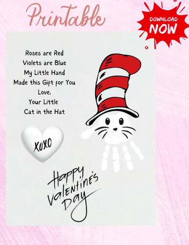 Cat in Hat Handprint Craft Valentines Day Keepsake Printable Toddler ...