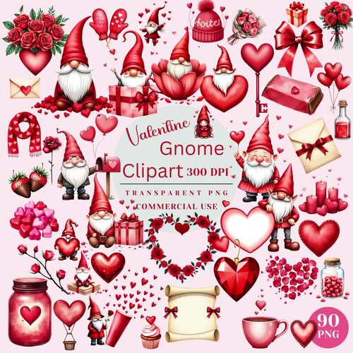 Valentine Gnome Clipart | Cute Love Gnomes & Red Hearts | 90 PNG 300 DPI