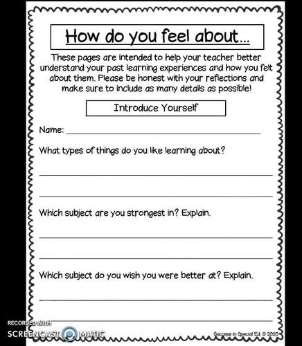 Back to School Student Questionnaire Learning Profile Middle and High ...