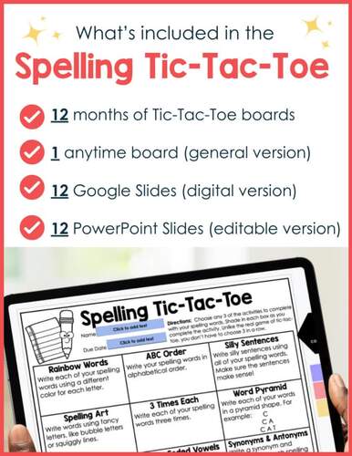 Spelling Tic-Tac-Toe Choice Board Word Practice Activities Print & Digital