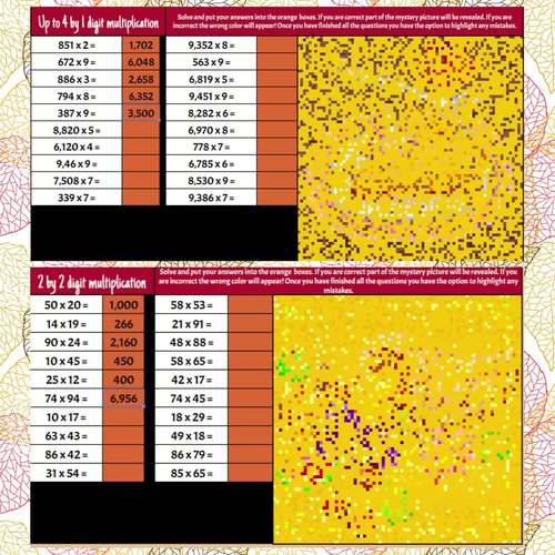 2 by 2 Digit and 4 by 1 Digit Multiplication Thanksgiving Fall Math ...