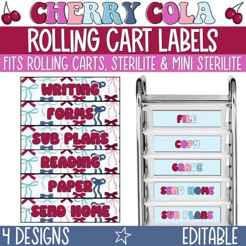 Editable Rolling Cart Labels, Drawer Labels, Retro Cherry Bows Organization