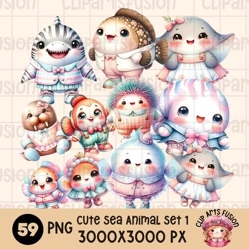 Sea Animal Set 1 | Watercolor Cute Animals Clipart PNG |59 PNG Graphics