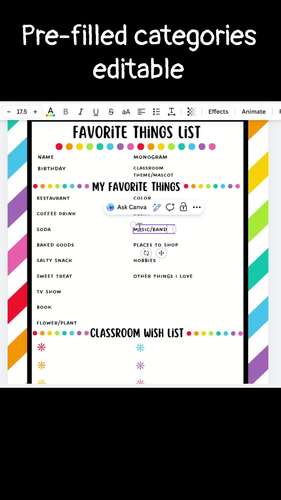 Editable Teacher Favorite Things List (Canva) | Teacher Questionnaire ...