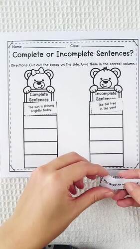 Complete and Incomplete Sentences – Cut and Paste Sorting Activity