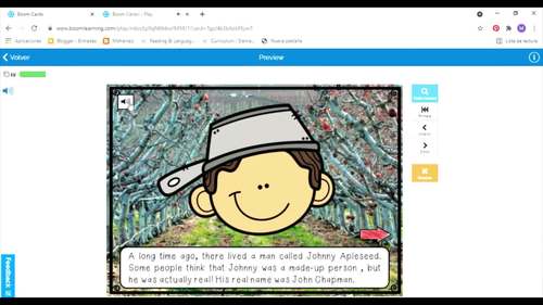 BOOM CARDS JOHNNY APPLESEED: Story Reading comprehension Digital Activity