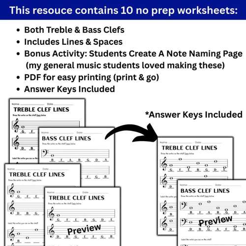 General Music Note Naming Worksheets For All Grades Print and Digital