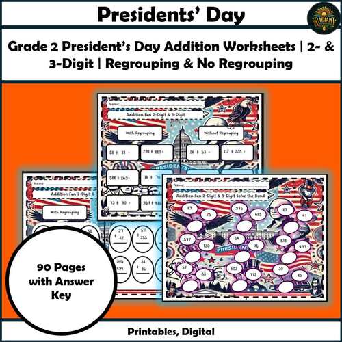 Grade 2 President’s Day Addition Worksheets | 2 & 3Digit | Regroup & No ...