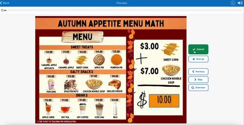 Autumn Life Skills Menu Math - Find the Total (whole) - Boom Cards