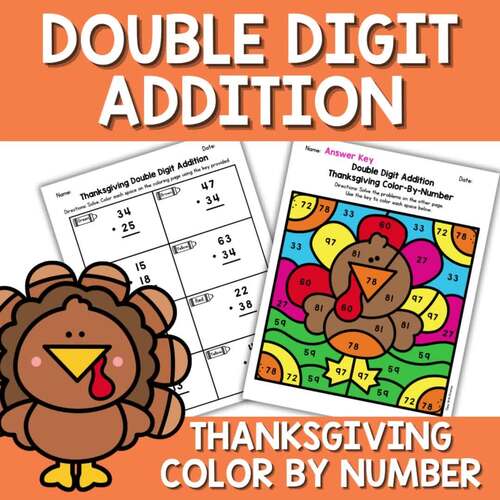 Thanksgiving 2 Digit Addition Color by Number Fun Worksheet with Regrouping