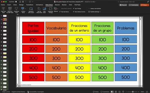 2nd grade Fractions Jeopardy Spanish Math Game | Fracciones Matemáticas ...