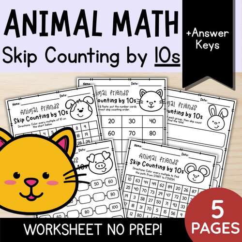 Animal Math Worksheet Skip Counting by 10s No Prep! | 1st and 2nd Grade