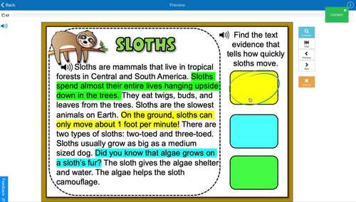 Sloths Finding Text Evidence Reading Comprehension Boom Cards | TPT