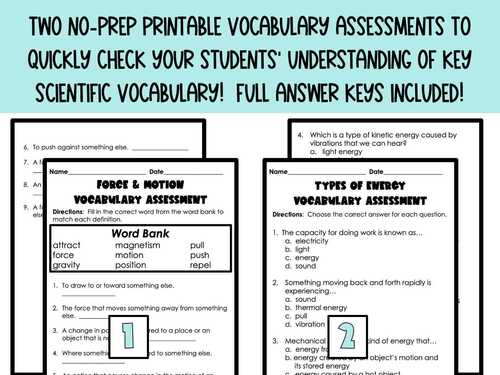 Science Vocabulary Assessments | Force Motion Energy | Quiz Test Review