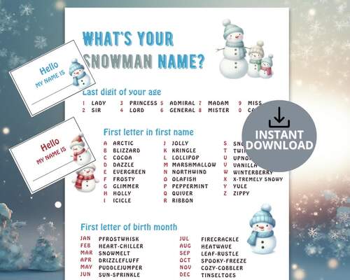 What’s Your Snowman Name Game with Name Tags, Fun Winter Party Game for ...