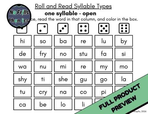 Syllable Types Roll and Read {Real and Nonsense Words) 1st 2nd 3rd Grade
