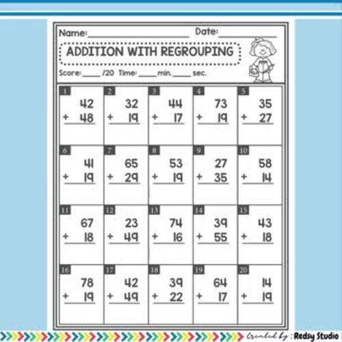 2 digit addition with regrouping - 200 Worksheet by Redsy Studio