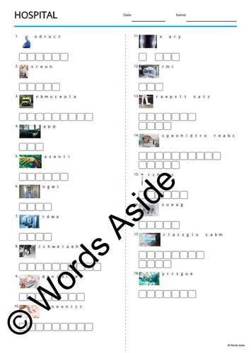 Vocabulary Writing Worksheets Crossword Word Search HOSPITAL by Words Aside