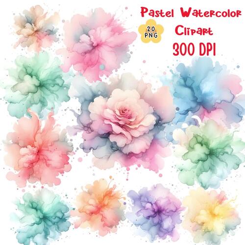 Pastel Watercolor Alcohol Ink Splash Clipart | 20 PNG Files by Hikari Mori