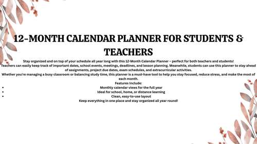12-Month Calendar Planner for Students & Teachers by Rscreativeminds