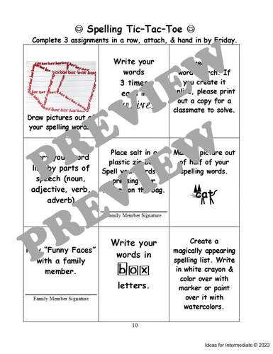 Spelling Tic-Tac-Toe for the Whole Year by Ideas for Intermediate