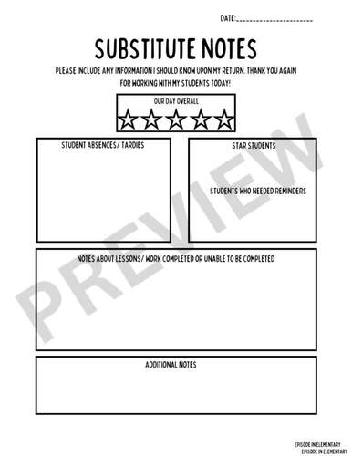 Substitute Report Notes Sheet EDITABLE Template by Episode in Elementary