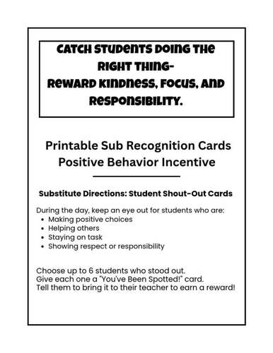 Substitute Teacher Behavior Reward Cards Positive Student Recognition 7 ...