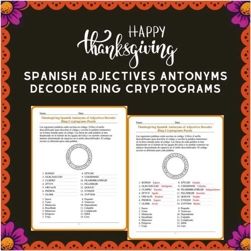 Spanish Adjectives Antonyms Decoder Ring Cryptograms Puzzle Thanksgiving