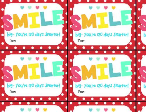 120th Day of School Smile Gift Tags | Printable Tags for Erasers ...