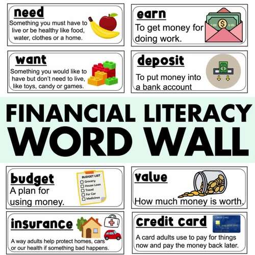 Financial Literacy Word Wall Elementary Early Childhood Vocabulary Words