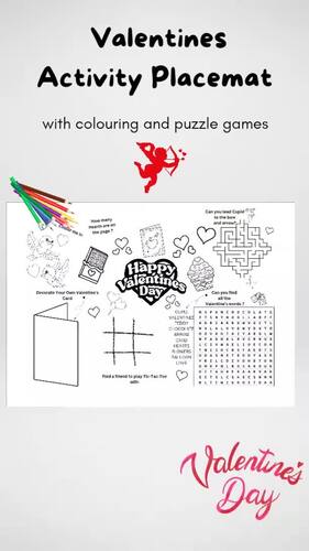 Valentines Activity Sheet, Coloring Page, Printable Placemat, Party Favor,