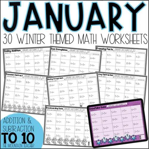 Winter Addition & Subtraction Within 10 Worksheets | January Math Fact ...