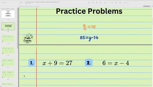 1 Step Equations-Positive Integer Numbers - 10 Practice Problems
